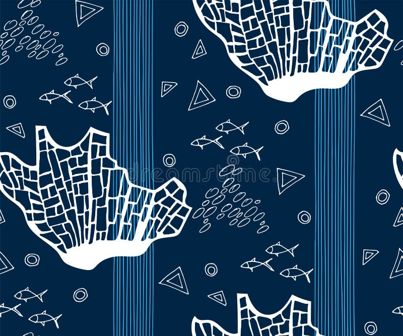 Hand Drawn Underwater Natural Ocean Elements. Seamless Pattern with ...