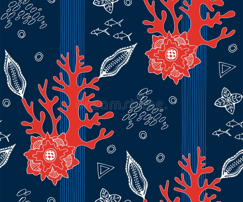 Hand Drawn Underwater Natural Ocean Elements. Seamless Pattern with ...