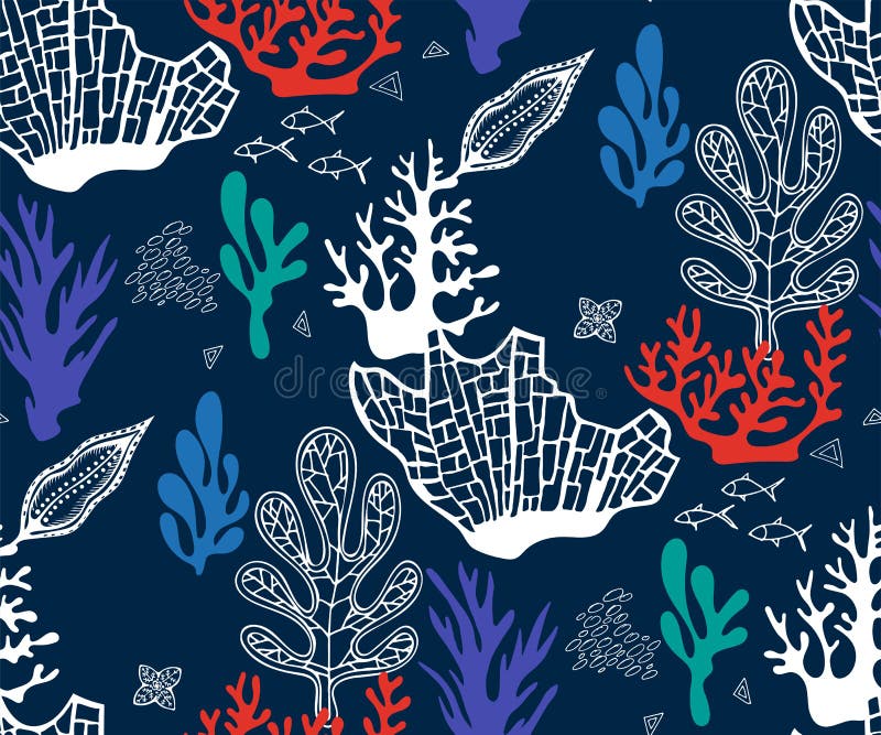 Hand Drawn Underwater Natural Ocean Elements. Seamless Pattern with ...