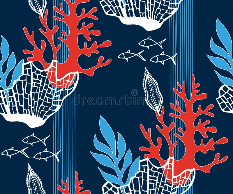 Hand Drawn Underwater Natural Ocean Elements. Seamless Pattern with ...