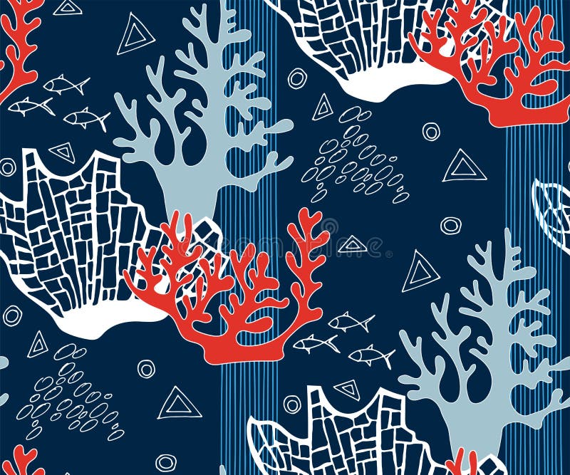Hand Drawn Underwater Natural Ocean Elements. Seamless Pattern with ...