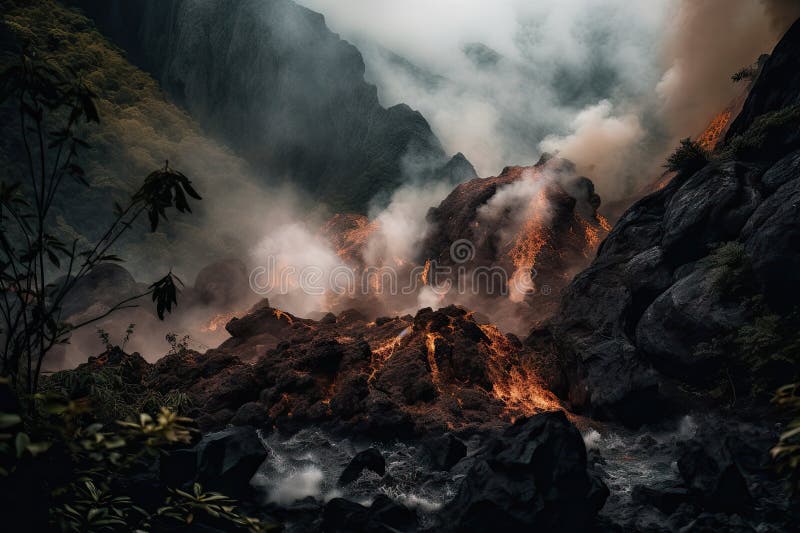 A Flow of Lava Cascading Down a Mountainside, with Smoke and Steam ...