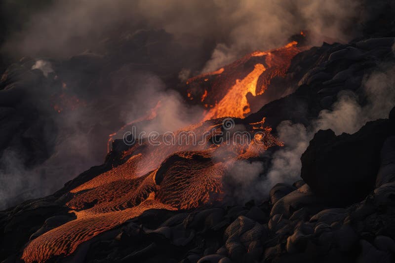 A Flow of Lava Cascading Down a Mountainside, with Smoke and Steam ...
