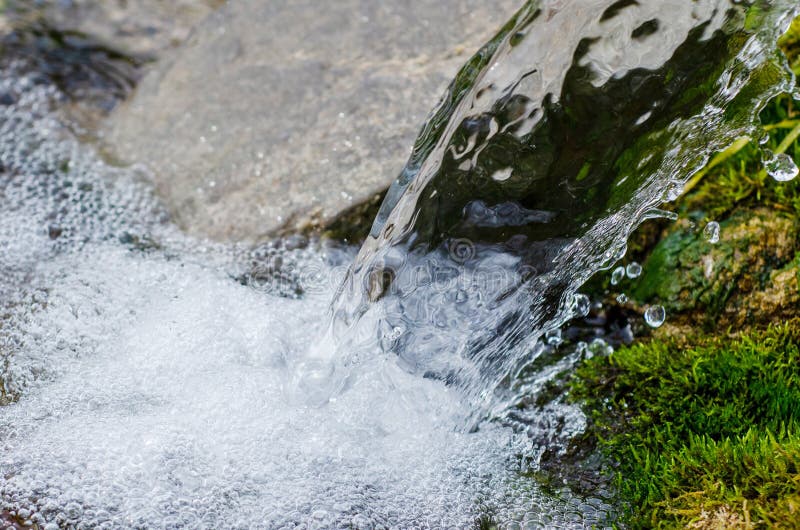 The Flow of Pure Spring Water. Transparent Stream, Bubbles, Green Wet ...