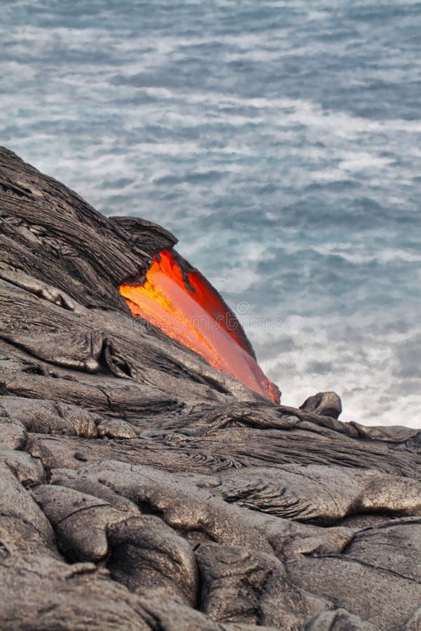 Flow of Red Hot Lava into Pacific Ocean Stock Image - Image of danger ...