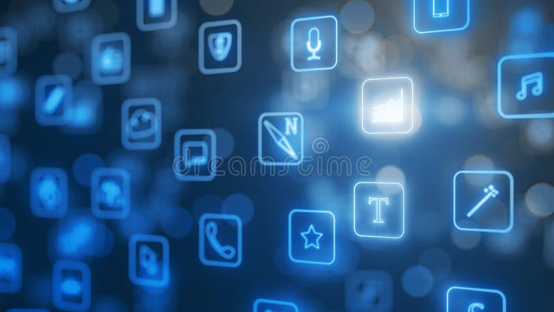 Flow of Smartphone App Icons. Neon Style Glowing Icons. 3d Illustration ...