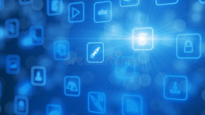 Flow of Smartphone App Icons. Neon Style Glowing Icons. 3d Illustration ...