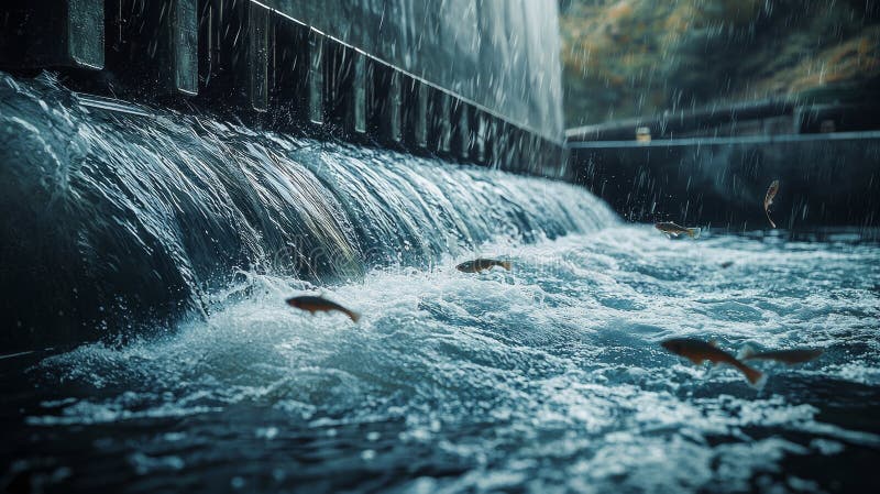 Flow of Water from Dam To River with Fish Stock Illustration ...