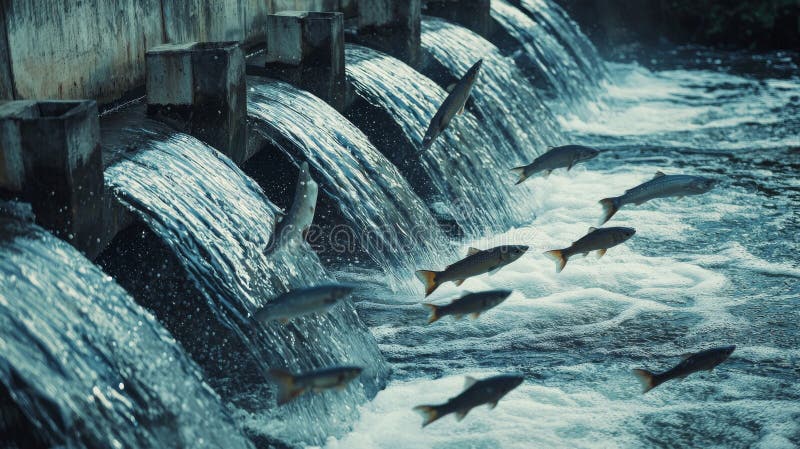 Flow of Water from Dam To River with Fish Stock Illustration ...