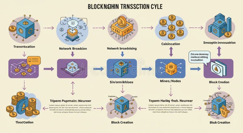 Flowchart Depicting a Blockchain Transaction Cycle. Illustrated Stages ...
