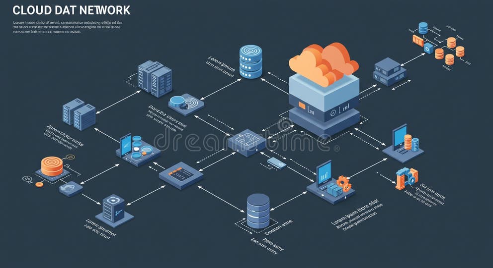 Flowchart Depicting a Cloud Data Network. Central Cloud Icon with Surrounding Stock Illustration ...