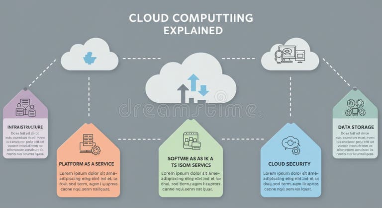 Flowchart Explaining Cloud Computing Concepts on a Gray Background. Central Cloud Stock ...