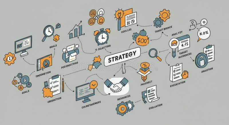 Flowchart Featuring Strategy Development Elements Using Icons and Text ...