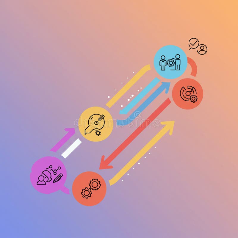 Flowchart with Five Colored Circles, Each Containing Icons. Starting ...