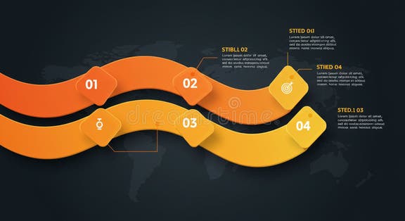 Flowchart with Four Sequential Steps on a Dark Background. Two Wavy ...