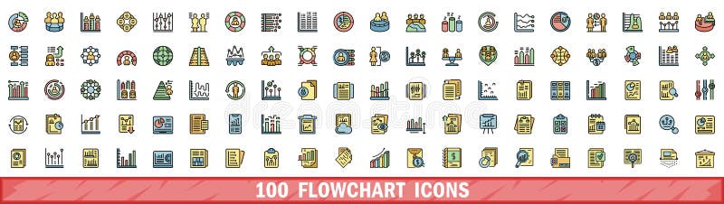 100 Flowchart Icons Set, Color Line Style Stock Vector - Illustration ...