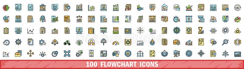 100 Flowchart Icons Set, Color Line Style Stock Vector - Illustration ...