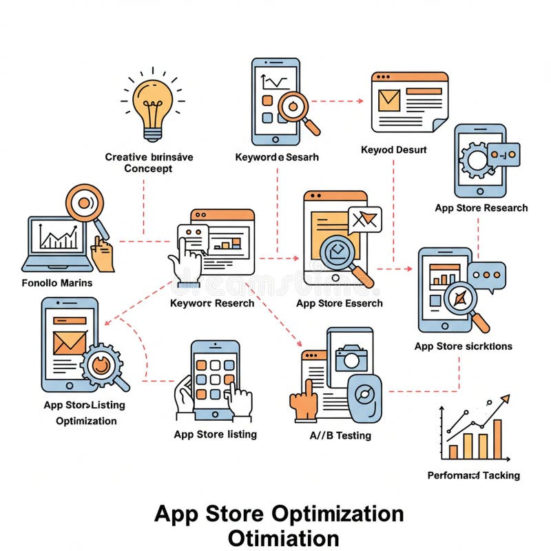 Flowchart Illustrating App Store Optimization Steps. Includes Icons for ...