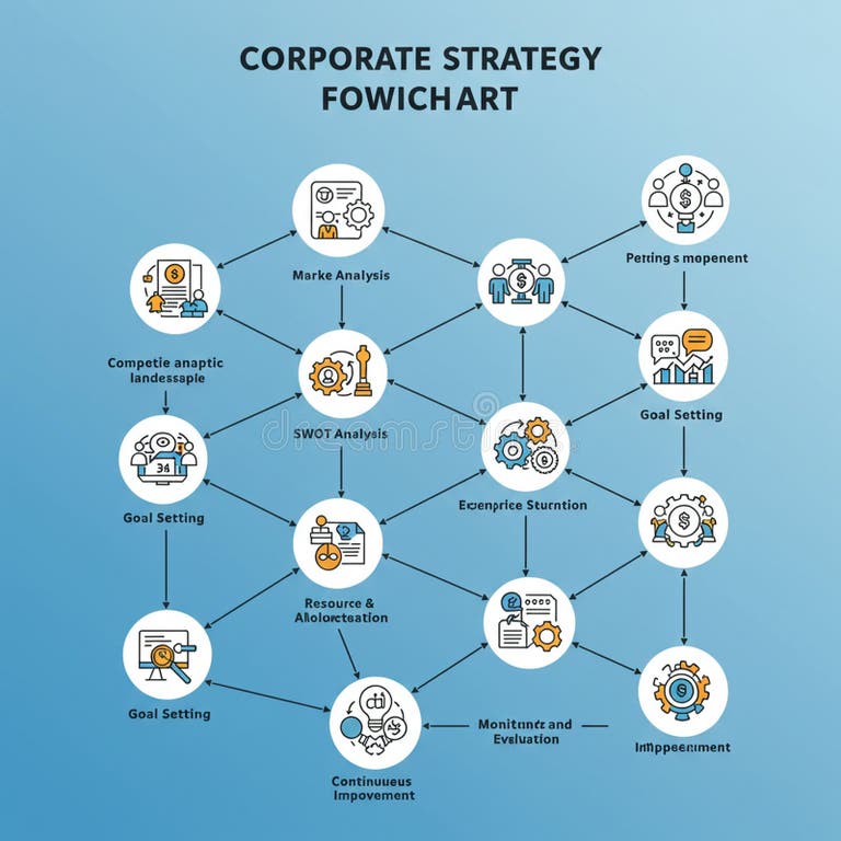 Flowchart Illustrating a Corporate Strategy Process with Interconnected ...
