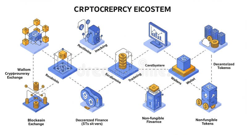 Flowchart Illustrating a Cryptocurrency Ecosystem. Features Nodes ...