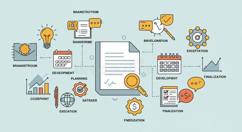 Flowchart Illustrating a Process with Elements Such As Gear Icons ...