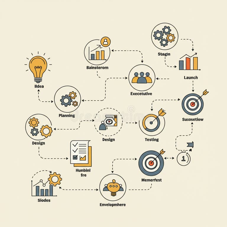 Flowchart Illustrating a Project Development Process. Features Stylized Icons and Text Stock ...