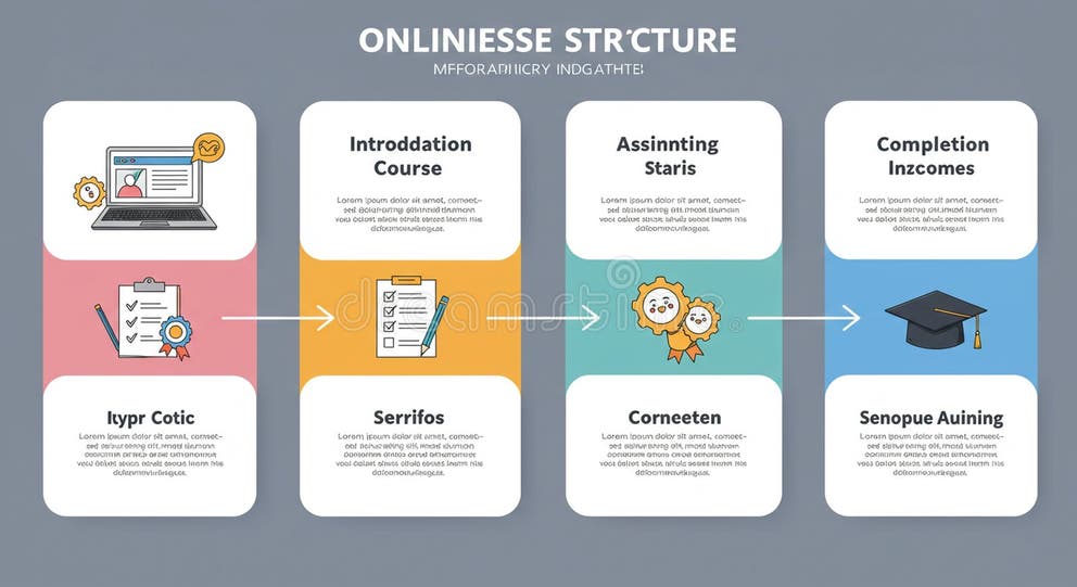 Flowchart Illustrating a Sequence of Steps in an Online Course Structure. Consists of Stock ...