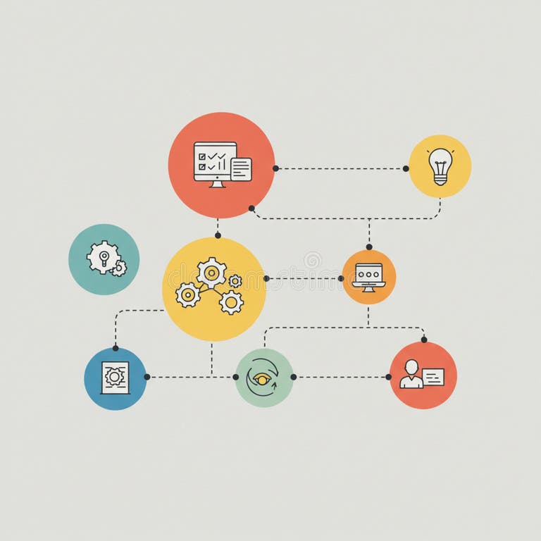 Flowchart with Interconnected Circular Icons Representing Concepts Like ...