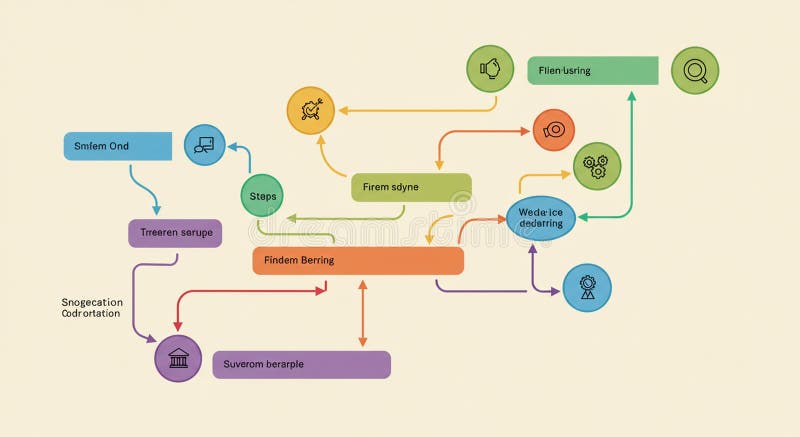Flowchart with Interconnected Colored Boxes and Arrows. Each Box ...
