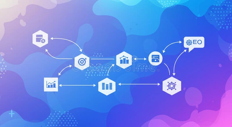Flowchart-like Diagram with Hexagonal Icons on a Blue and Purple ...