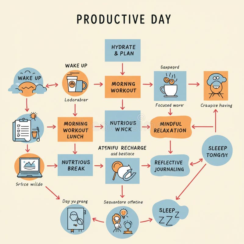Flowchart Titled "Productive Day" Depicting a daily Routine. Includes ...
