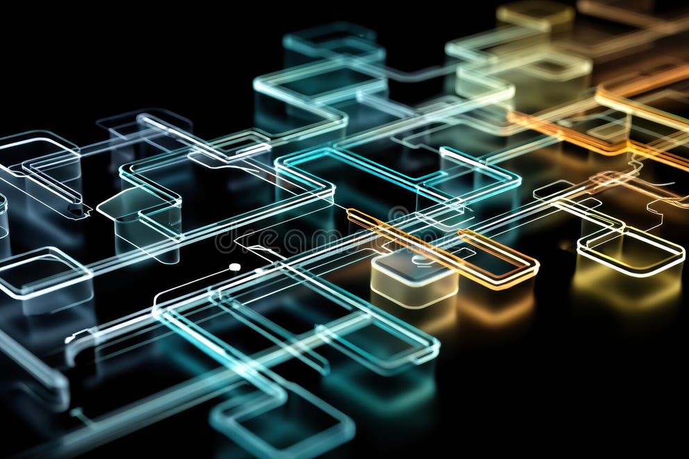 Flowchart Transitions into Three-Dimensional AI Shape with Luminous Edges Showcasing Technology ...