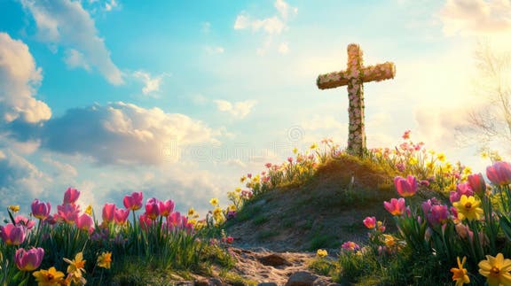 Flower Adorned Cross Hillside Spring Landscape Stock Illustration ...