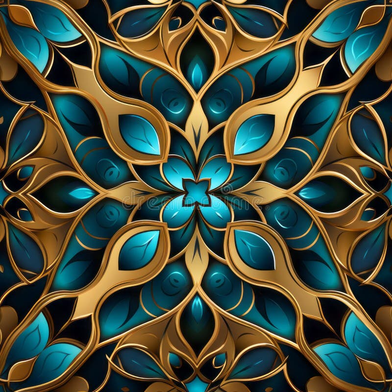 Flower Arabian Pattern Decorative Texture Blue and Gold , Generated by ...