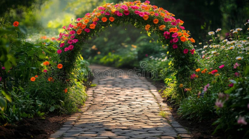 Flower Archway Frames a Stone Pathway Garden Scene Stock Illustration ...