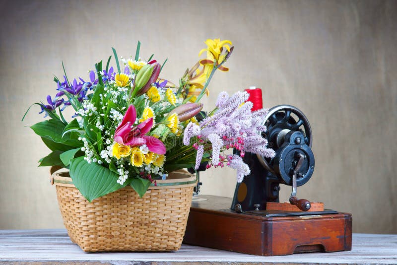 Flower Arrangement with Sewing-machine Stock Image - Image of equipment ...