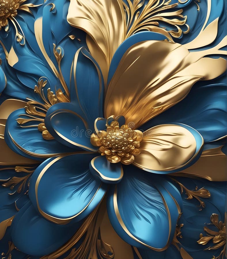 Flower Background Painting Blue and Gold Ai Generator Stock ...