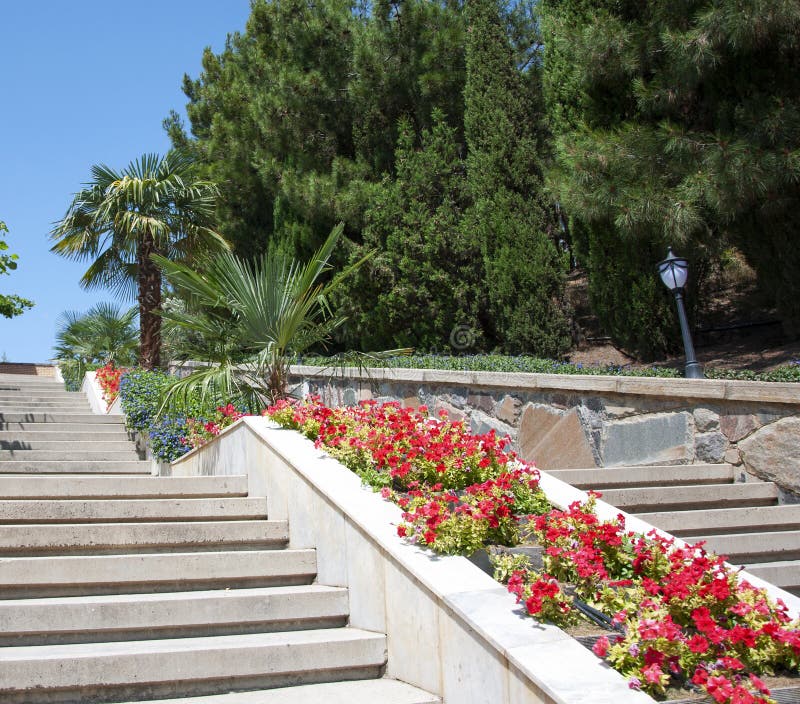 Flower Bed Along the Stairs in the Park Stock Image - Image of trees ...