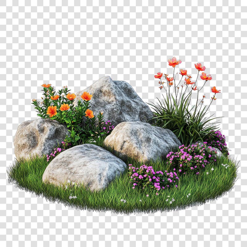 Flower Bed with Grass and Large Rocks Stock Photo - Illustration of ...
