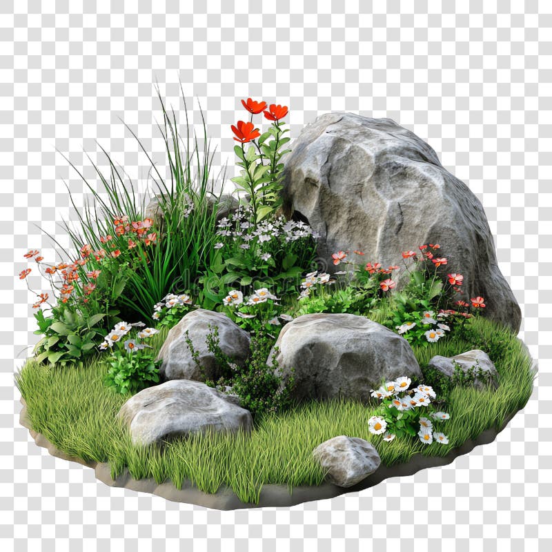 Flower Bed with Grass and Large Rocks Stock Image - Illustration of ...