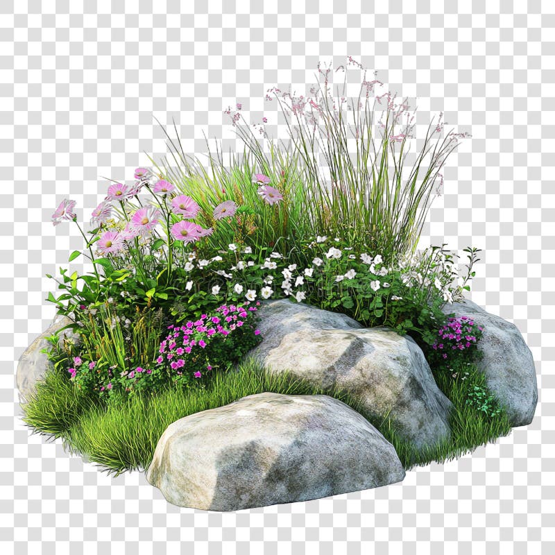 Flower Bed with Grass and Large Rocks Stock Photo - Illustration of ...