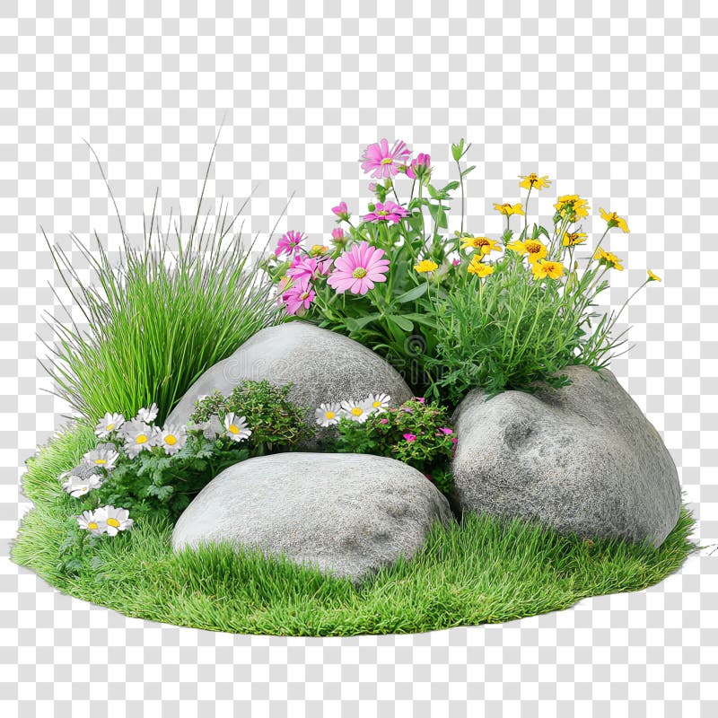 Flower Bed with Grass and Large Rocks Stock Photo - Illustration of ...