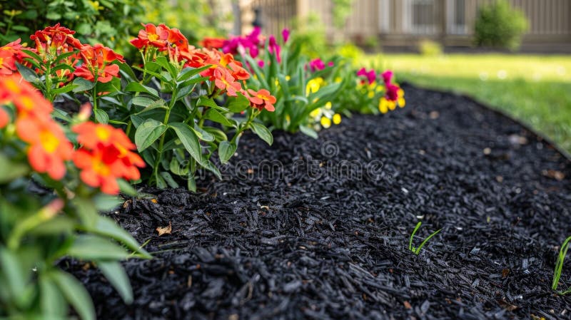 A Flower Bed Neatly Lined with Thick Darkcolored Natural Mulch Stock ...
