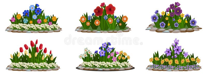 Flower Beds Set with Different Flowers, Stones, Grass. Landscape Garden ...