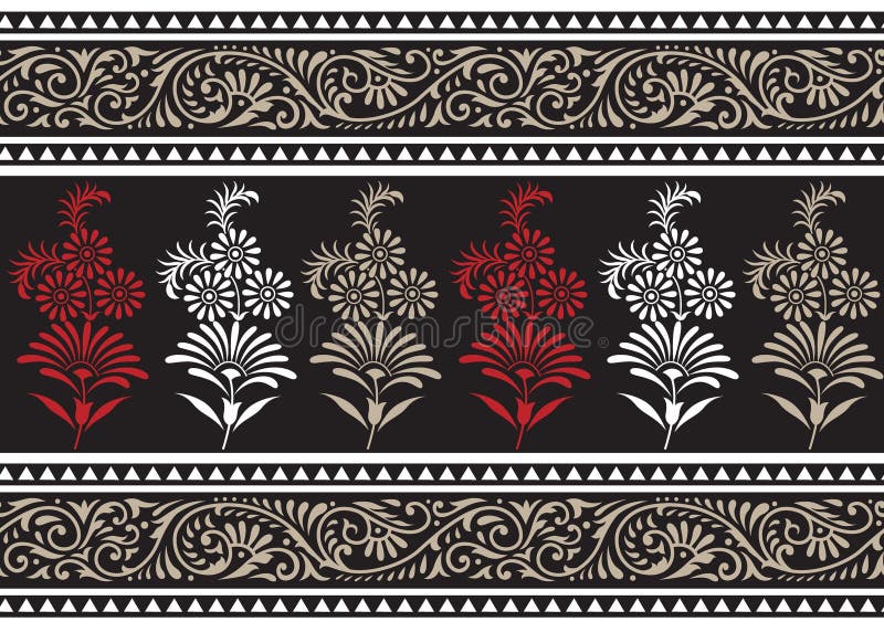 Textile Flower Border Pattern on Black Background Stock Vector ...