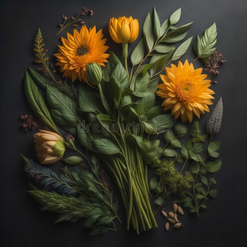 Flower Bouquet on Black Background. Flat Lay, Top View Stock Photo ...