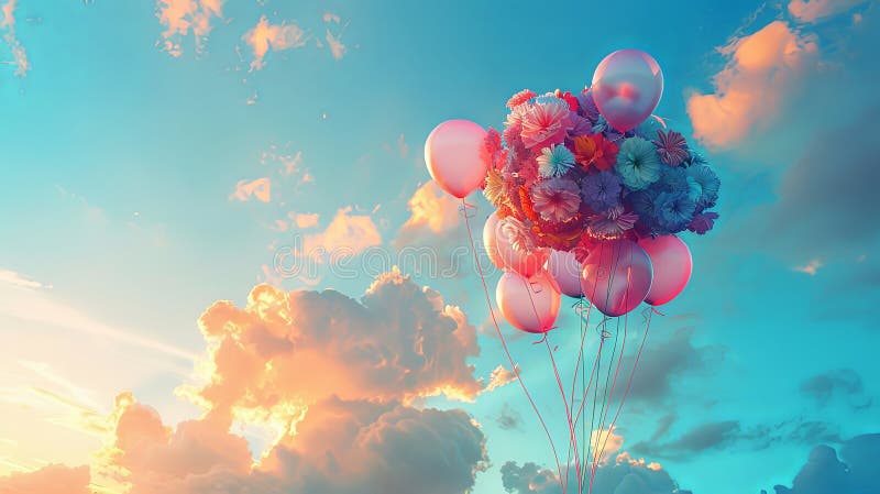 Flower Bouquet with Helium Balloons Flying in the Sky Stock ...