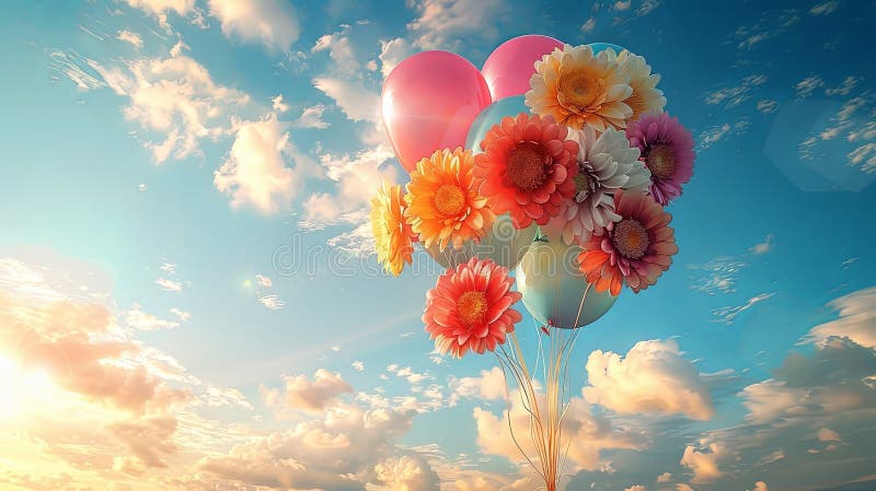 Flower Bouquet with Helium Balloons Flying in the Sky Stock ...