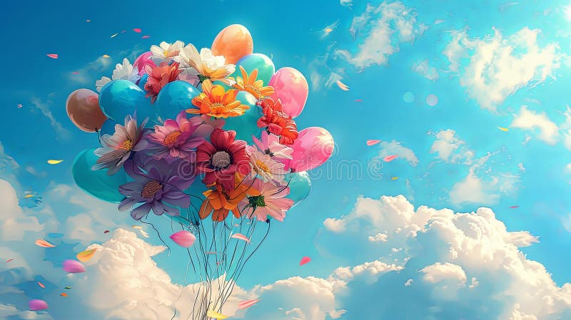 Flower Bouquet with Helium Balloons Flying in the Sky Stock ...