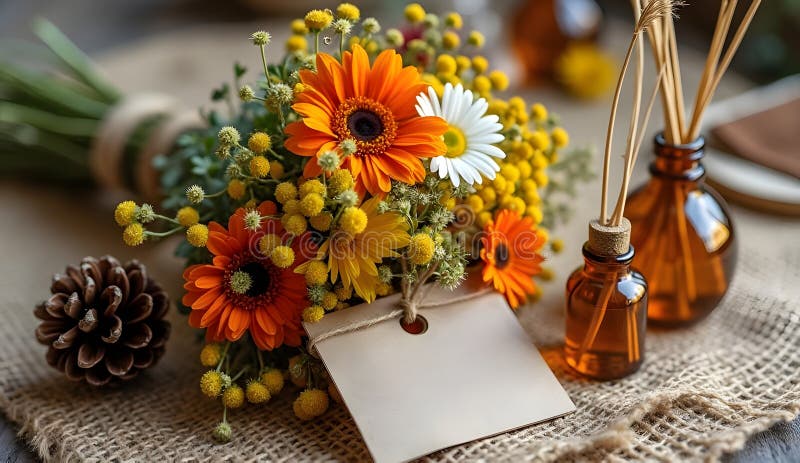 Flower Bouquet with Pine Cone and Reed Diffuser Stock Illustration ...